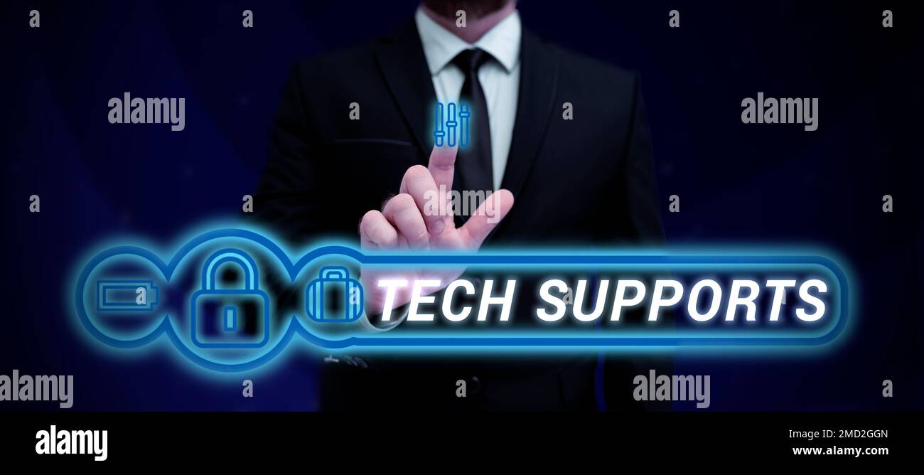 Hand writing sign Tech Supports. Business overview Help given by ...