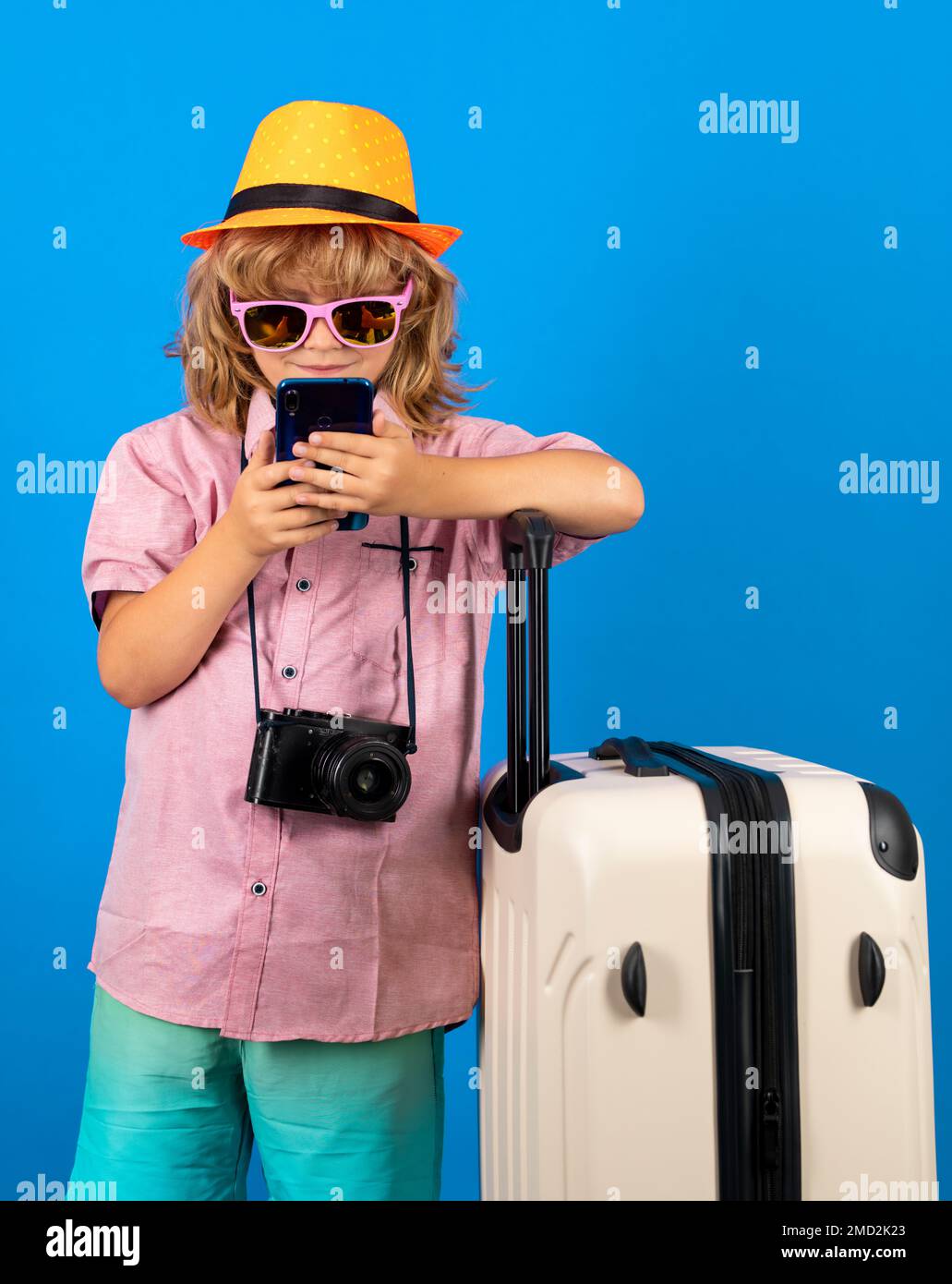 Kid on travel, isolated studio portrait. Child travel and adventure ...