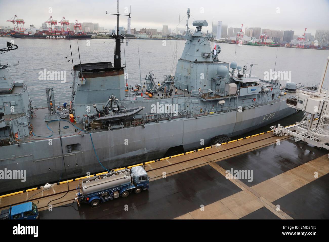 The German navy frigate Bayern sits docked at the International Cruise ...
