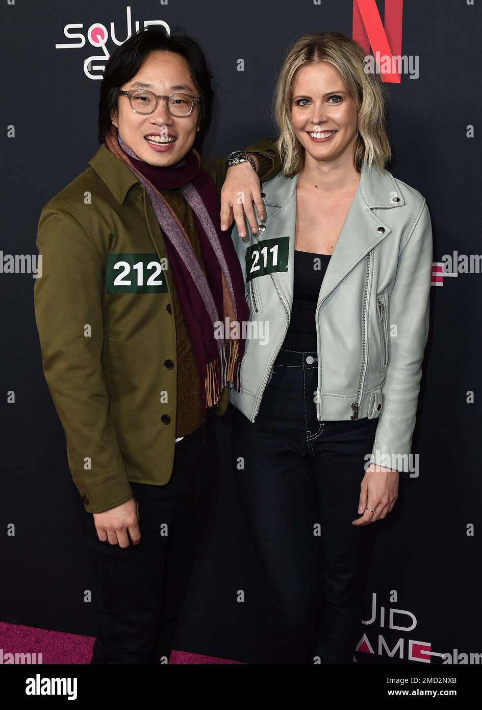 Jimmy O. Yang and Brianne Kimmel arrive at a red carpet event for "Squid Game" on Monday, Nov. 8 ...