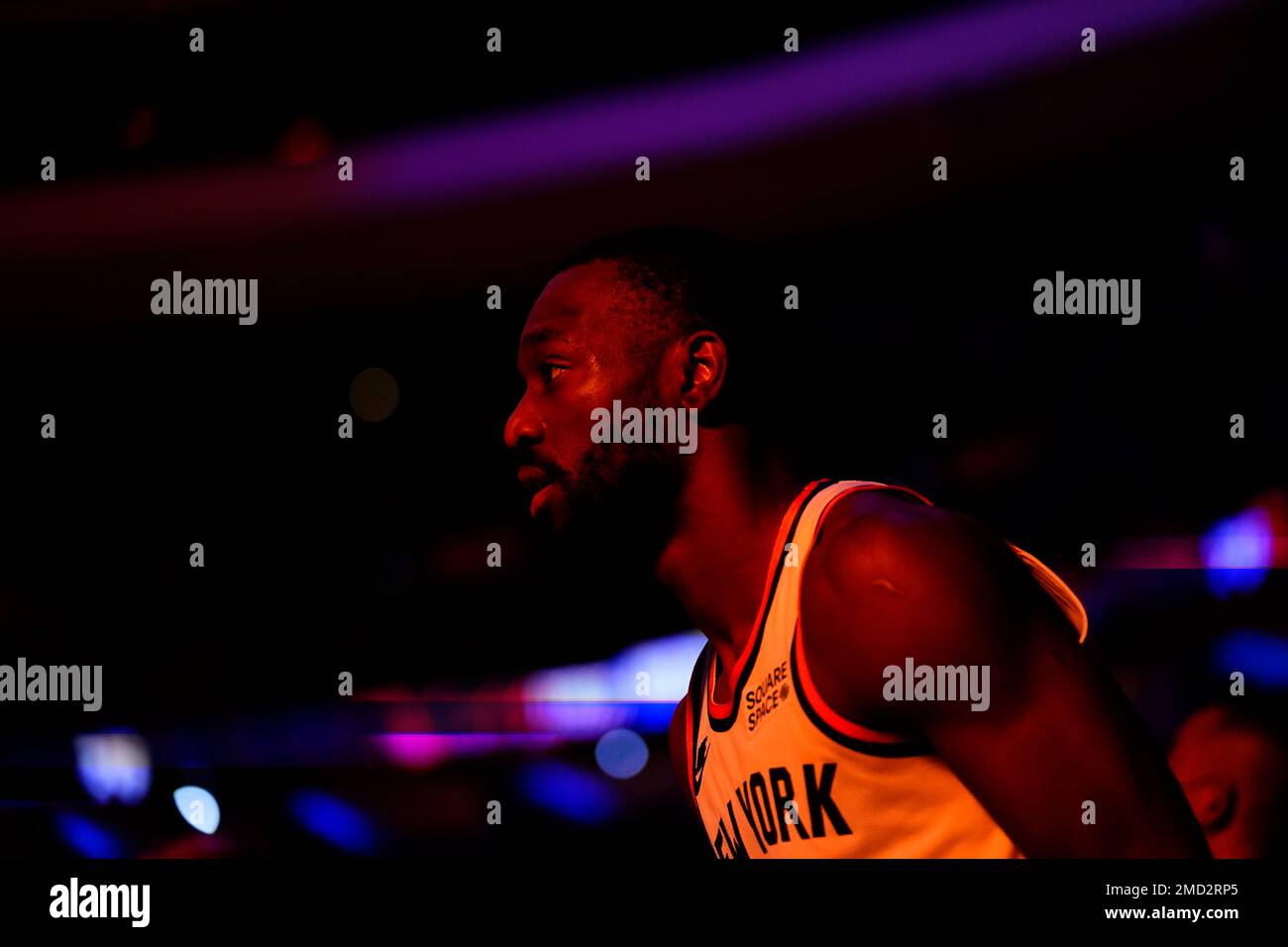 New York Knicks' Kemba Walker watches before an NBA basketball game ...
