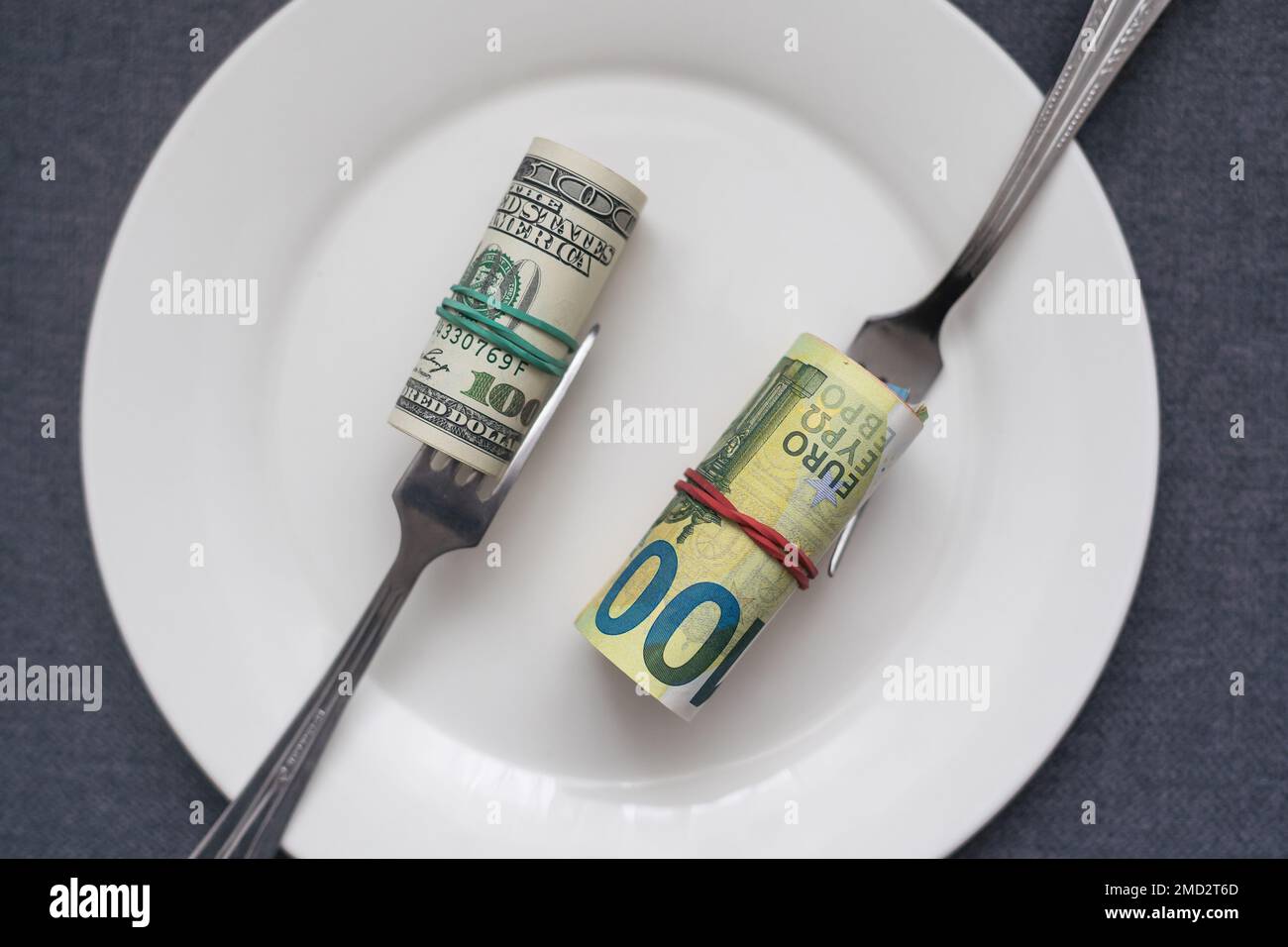 One american dollar bill on a white empty plate with utensils. On white ...