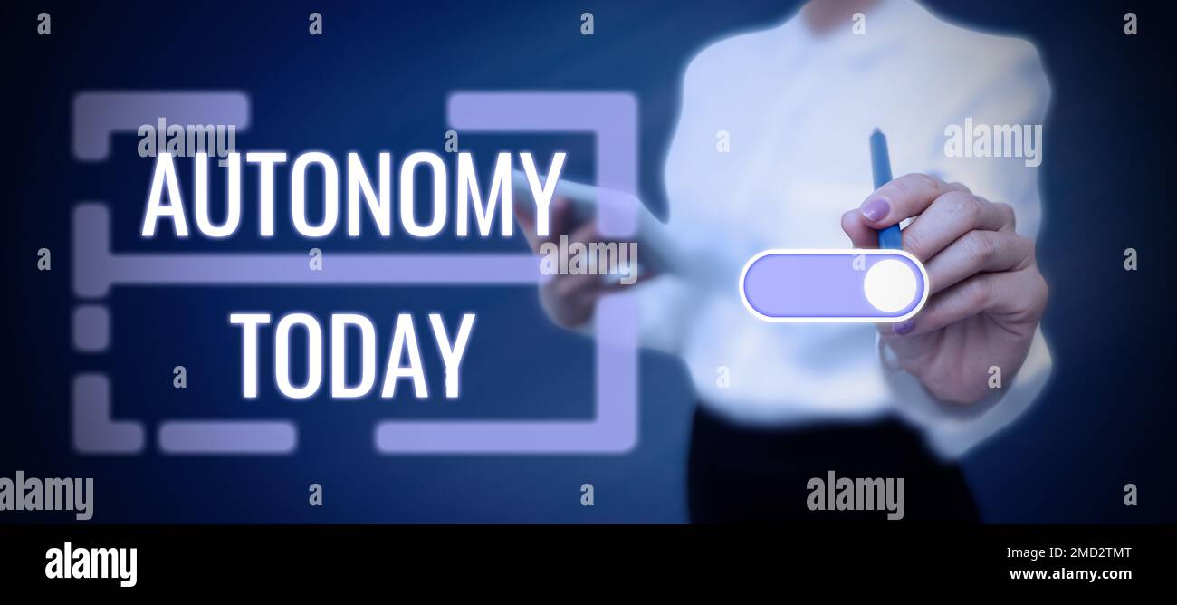 Text sign showing Autonomy. Concept meaning vehicle that can guide ...