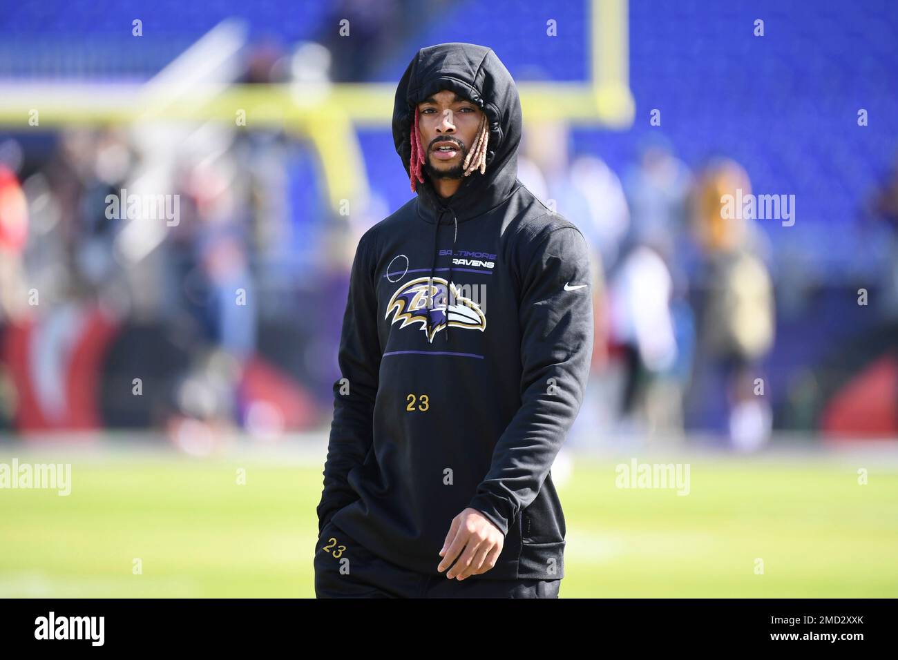 Baltimore Ravens cornerback Anthony Averett looks on during pre-game ...