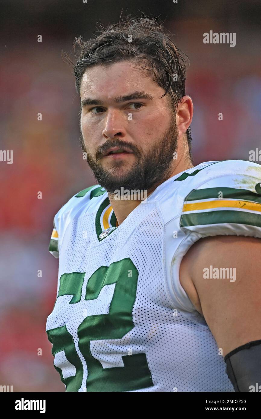 Green Bay Packers center Lucas Patrick (62) looks on from the bench ...