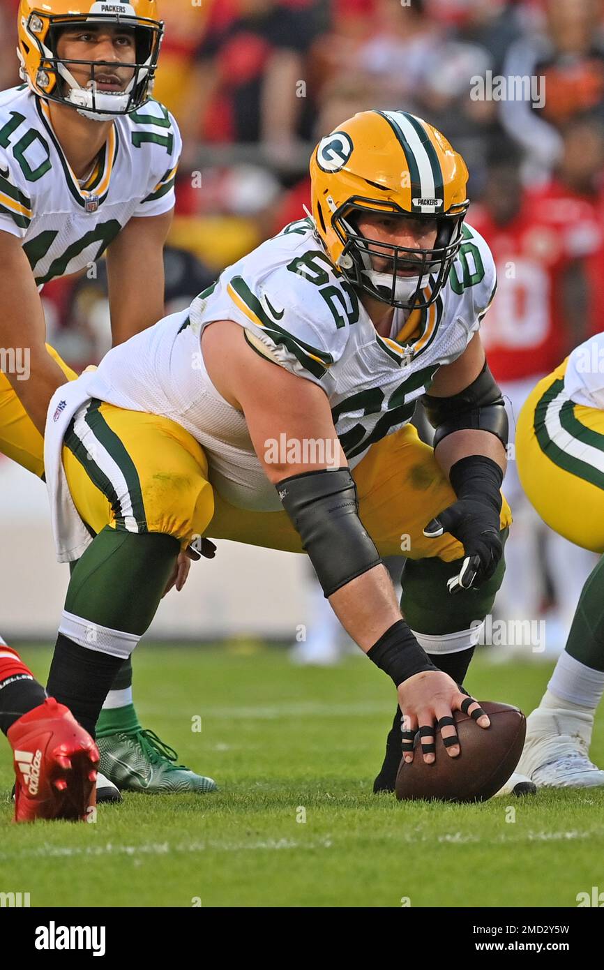 Green Bay Packers center Lucas Patrick (62) gets set to snap the ball ...