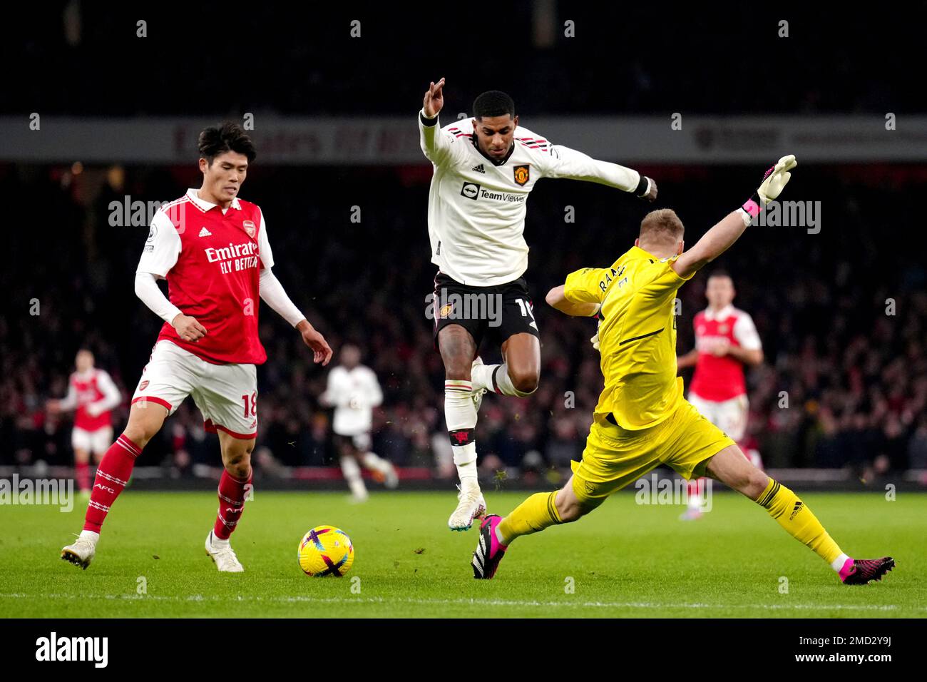 Arsenal's Takehiro Tomiyasu, Manchester United's Marcus Rashford, and ...