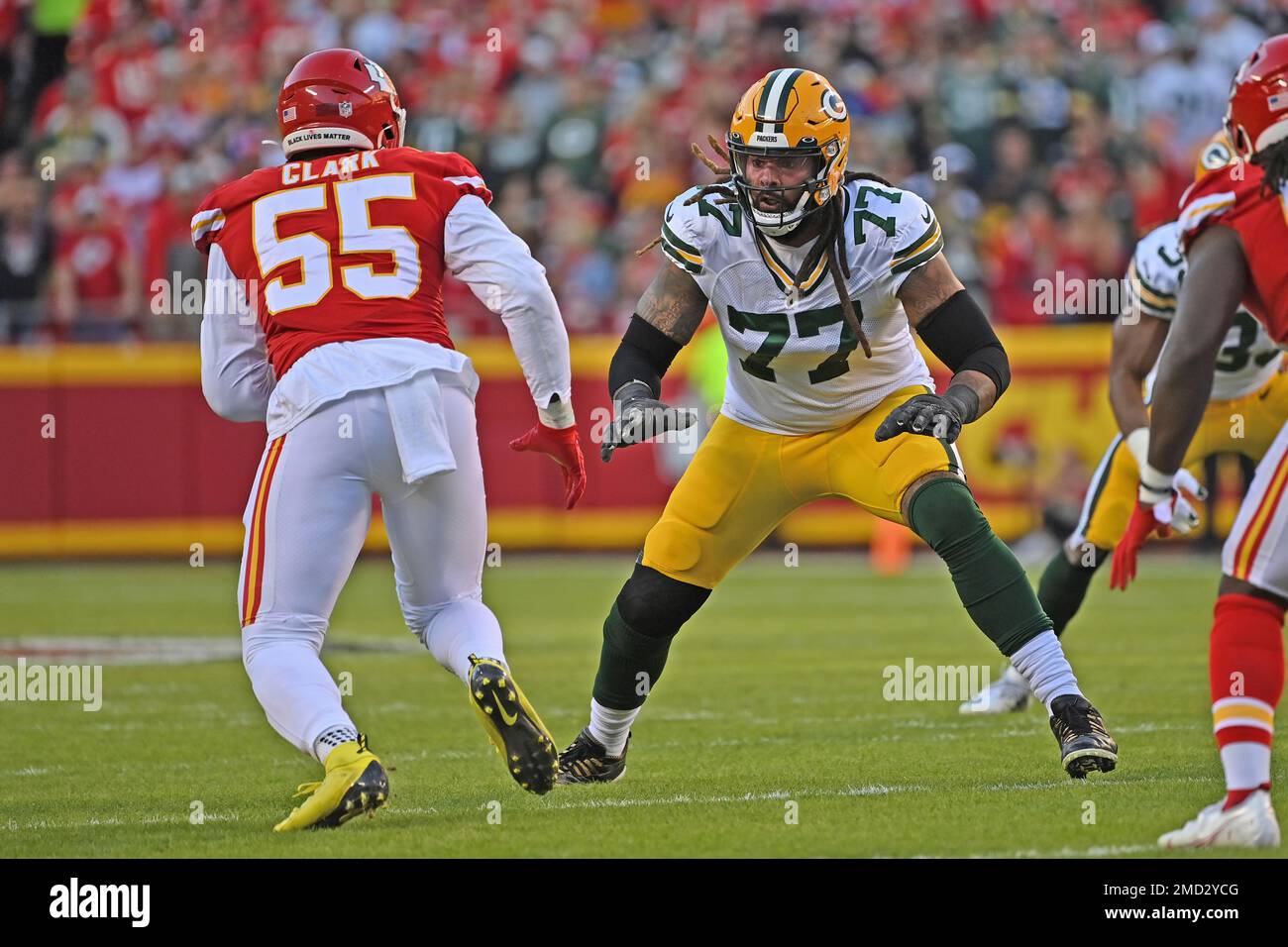 Green Bay Packers offensive tackle Billy Turner (77) gets into position ...