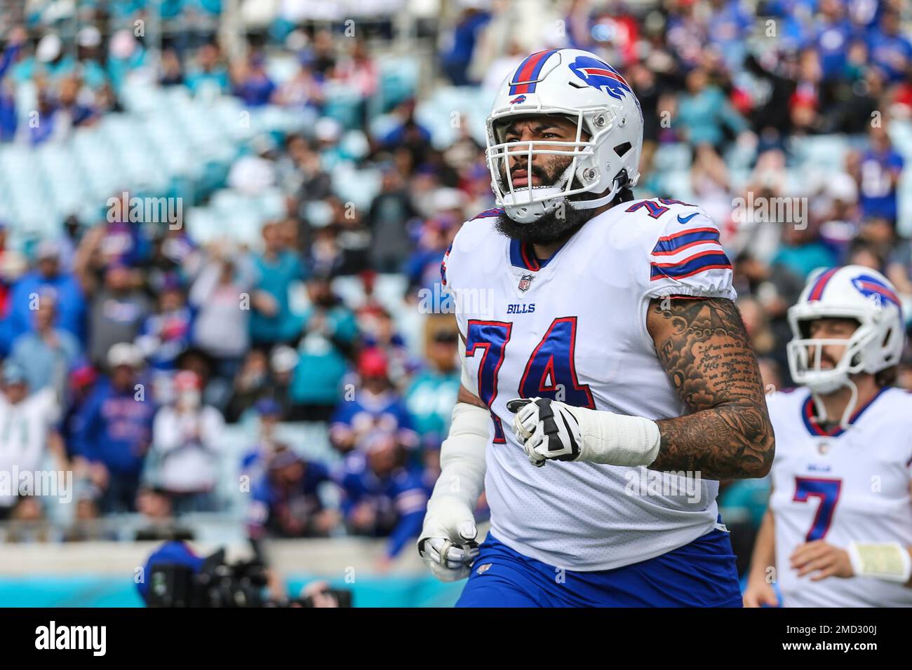 Buffalo Bills guard Cody Ford (74) runs onto the field for an NFL ...