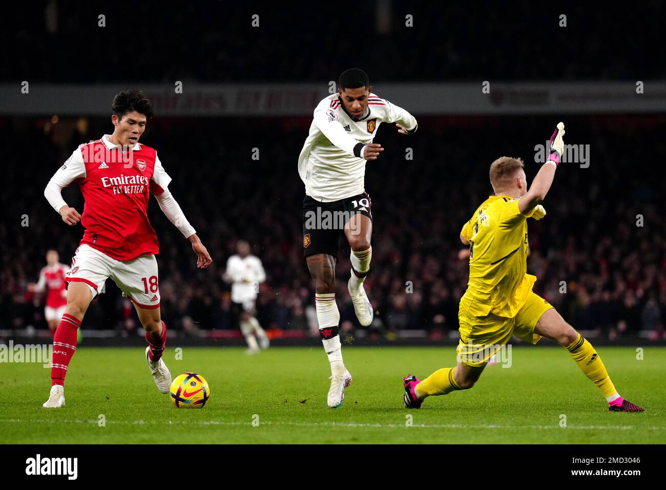 Arsenal's Takehiro Tomiyasu, Manchester United's Marcus Rashford, and ...