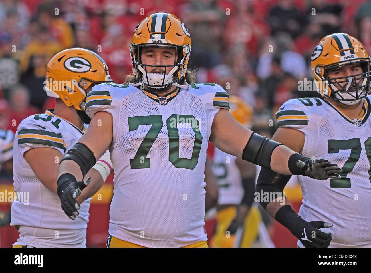 Green Bay Packers guard Royce Newman (70) works out before an NFL ...