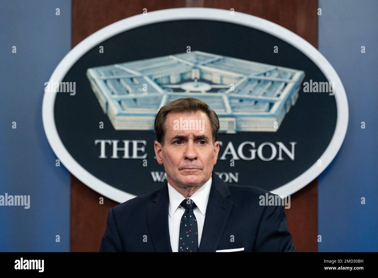 Pentagon spokesman John Kirby pauses while speaking during a media ...