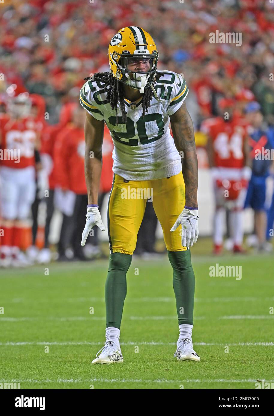 Green Bay Packers cornerback Kevin King (20) gets set for a play during ...