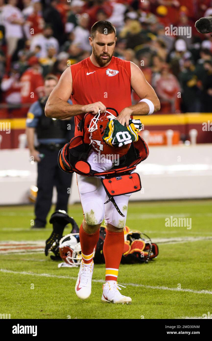 Kansas City Chiefs tight end Travis Kelce leaves the field after their ...