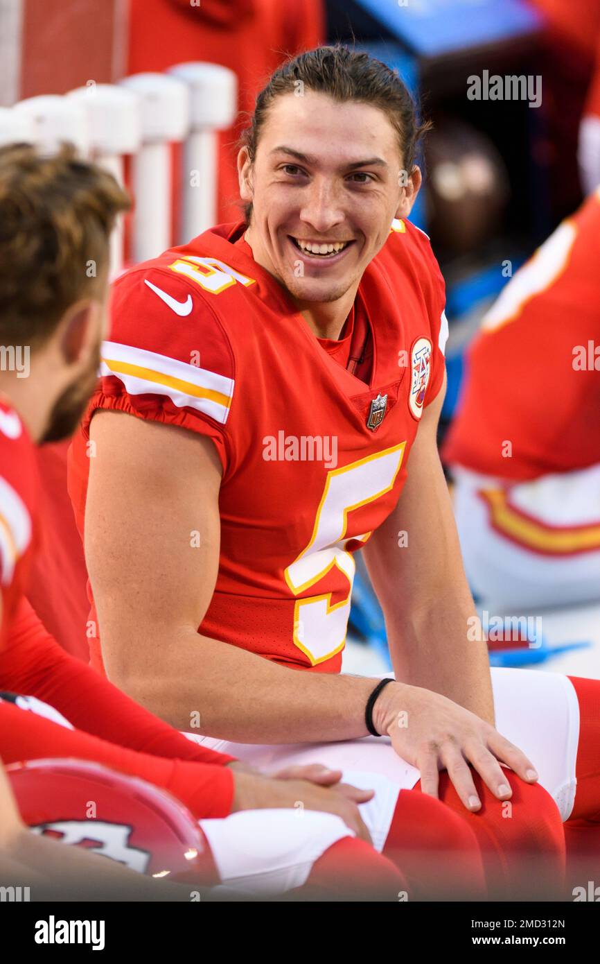 Kansas City Chiefs punter Tommy Townsend talks to a teammate during the ...