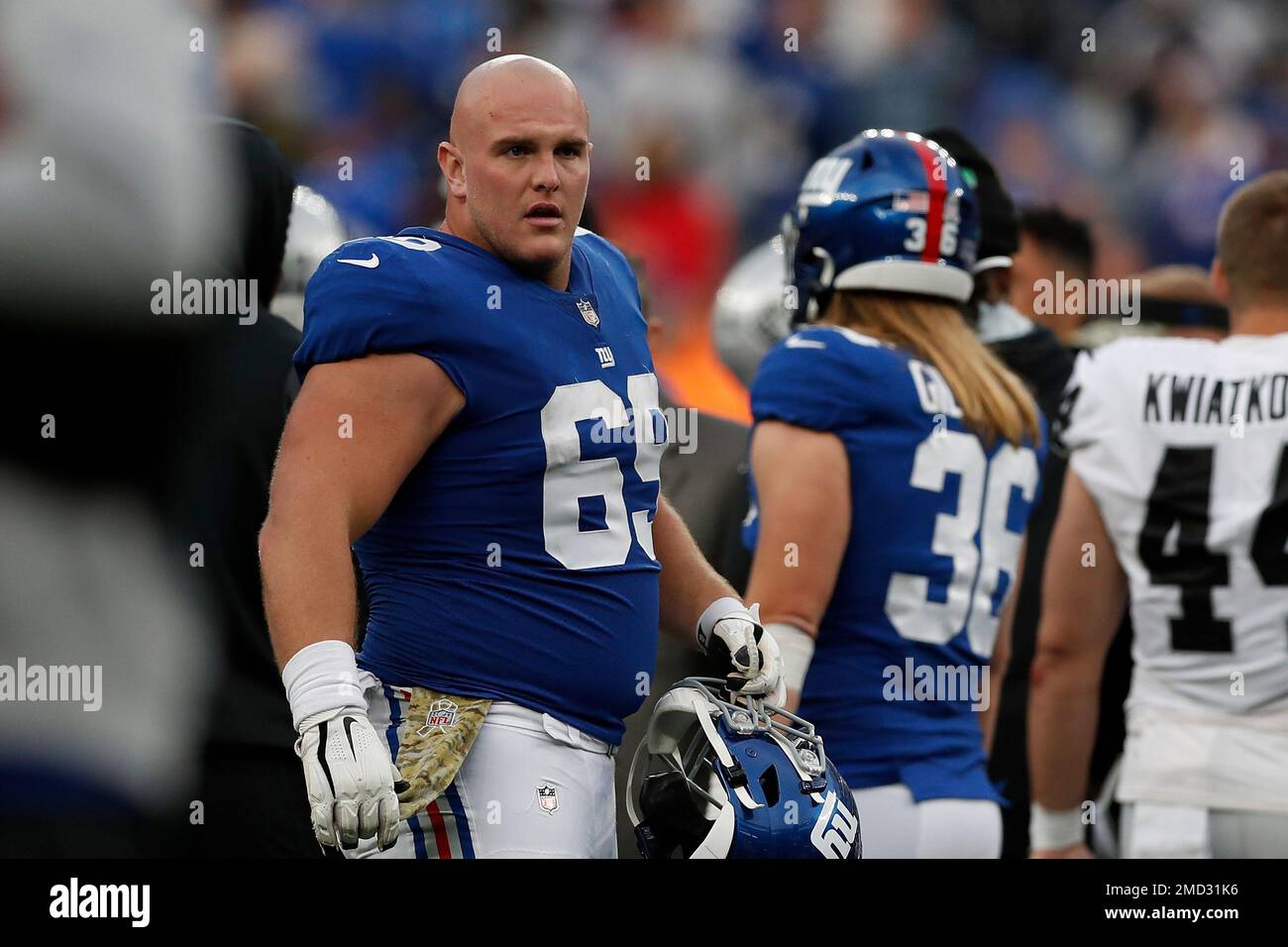 New York Giants center Billy Price (69) stands on the field after an ...