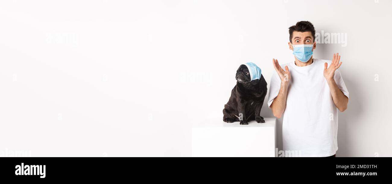 Covid-19, animals and quarantine concept. Shocked dog owner and pug ...