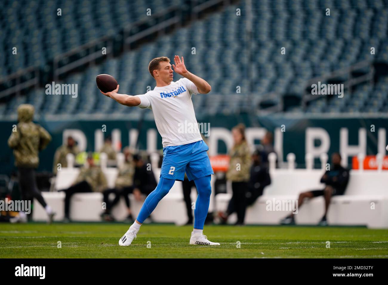 Los Angeles Chargers quarterback Easton Stick in action before an NFL ...