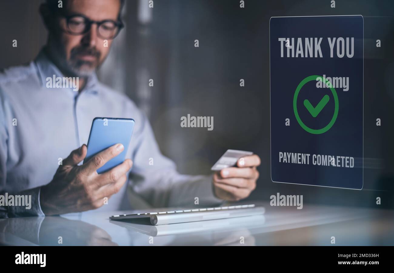 Man behind computer keyboard, purchase and pay online. Credit card in ...