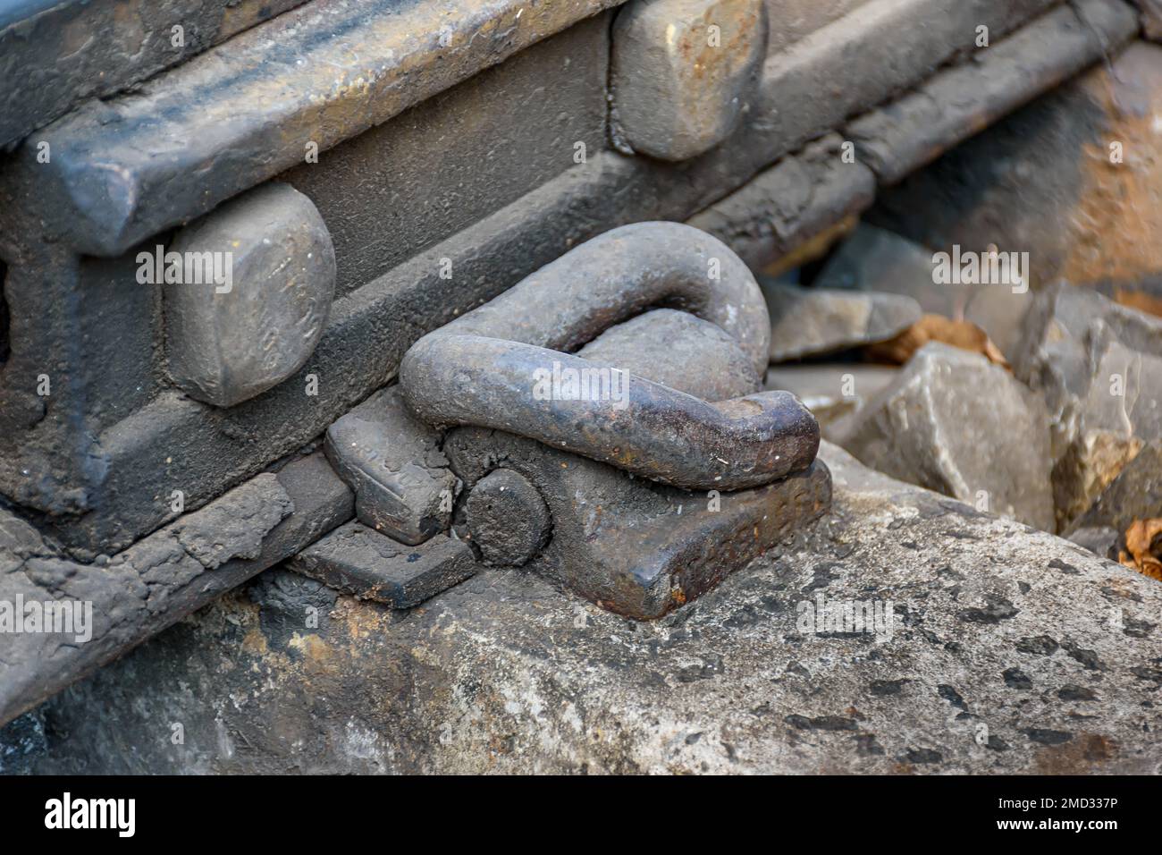 Closeup picture of a rail fastening bolts on a railway track of Indian ...