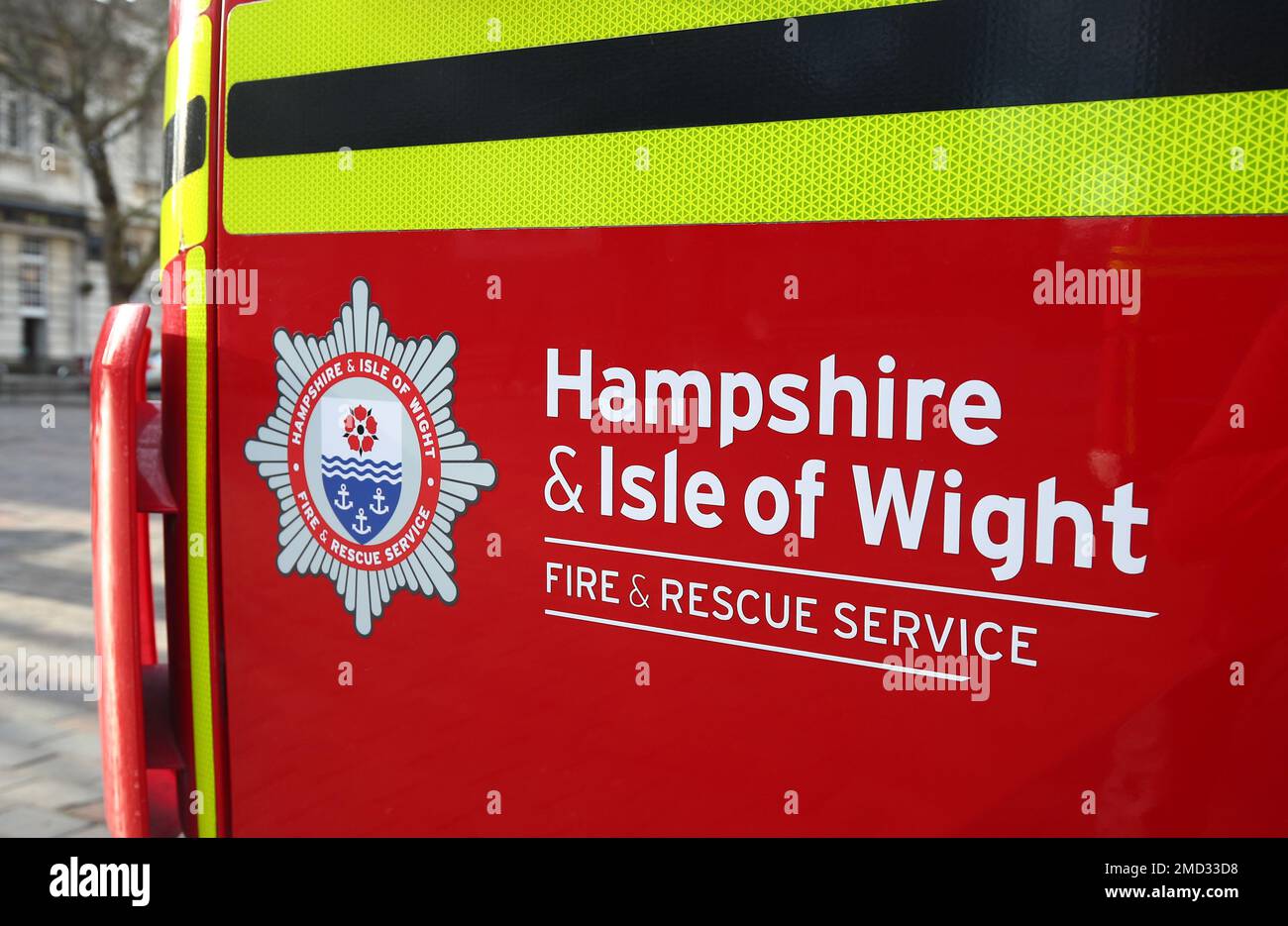 Hampshire and Isle of Wight Fire and Rescue service, badge on the side of a fire engine Stock ...