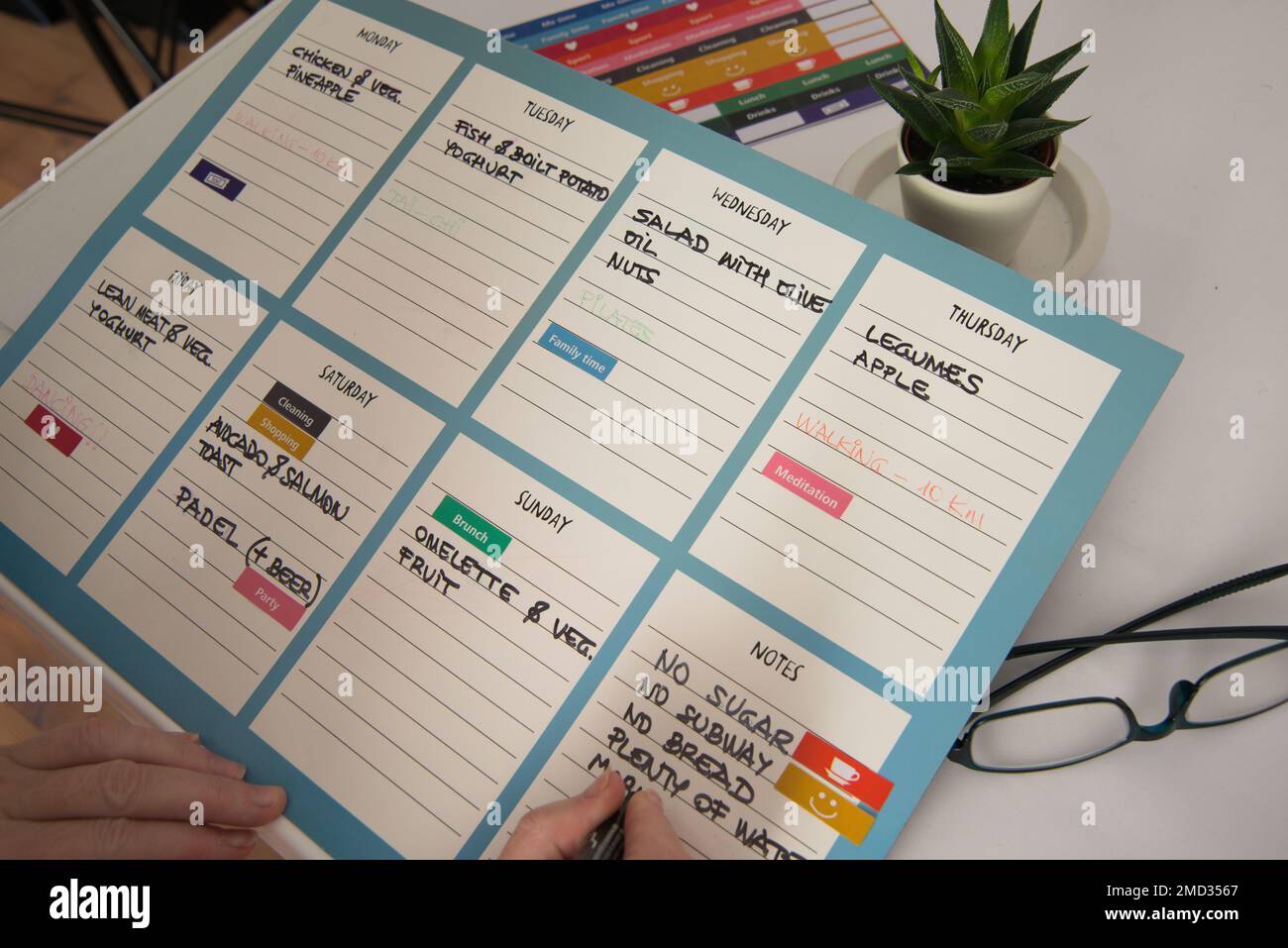 Woman hand doing the weekly schedule for s healthy life, meals and ...
