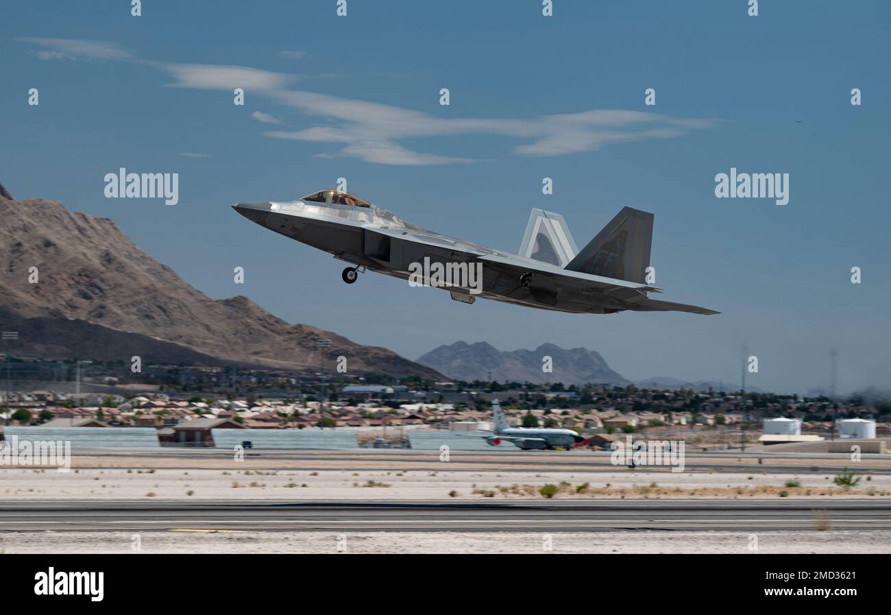 An F-22 Raptor assigned to Joint Base Langley-Eustis, Virginia, takes ...