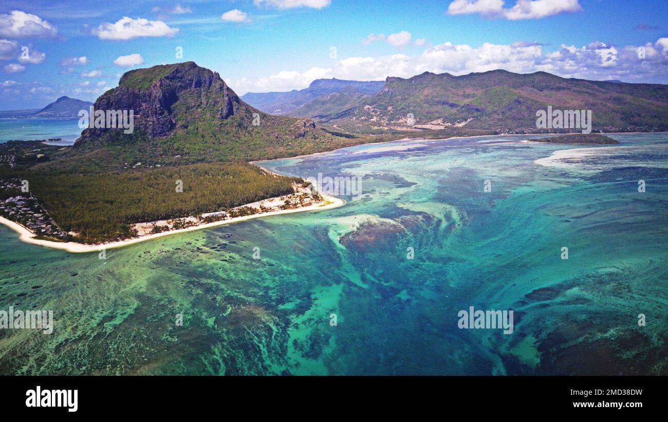 mauritius le morne and underwater waterfall drone shot Stock Photo - Alamy