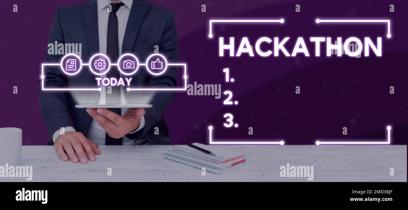 Hand writing sign Hackathon. Concept meaning event where large number ...