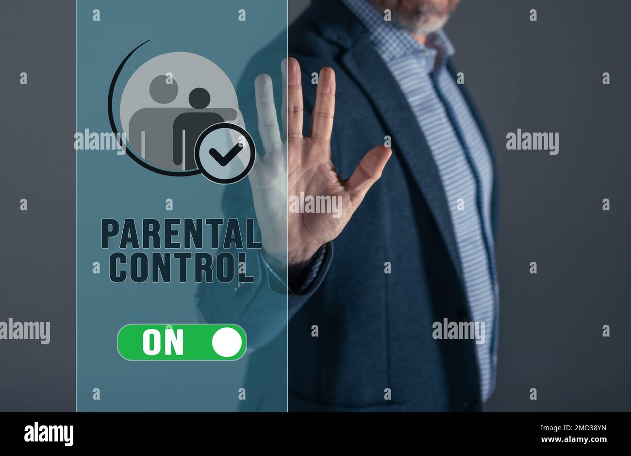 Parental control and child protection concept. Man showing open hand ...