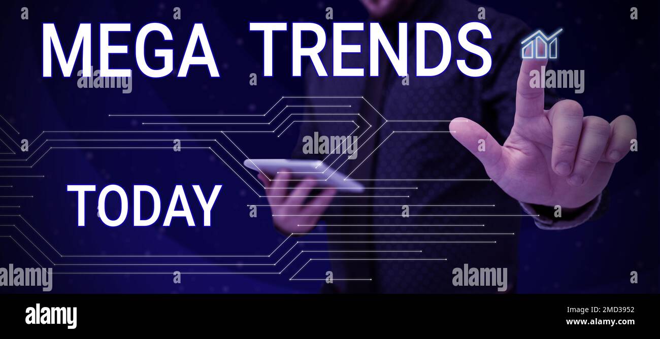 Sign displaying Mega Trends. Word for powerful phenomena impacting the ...