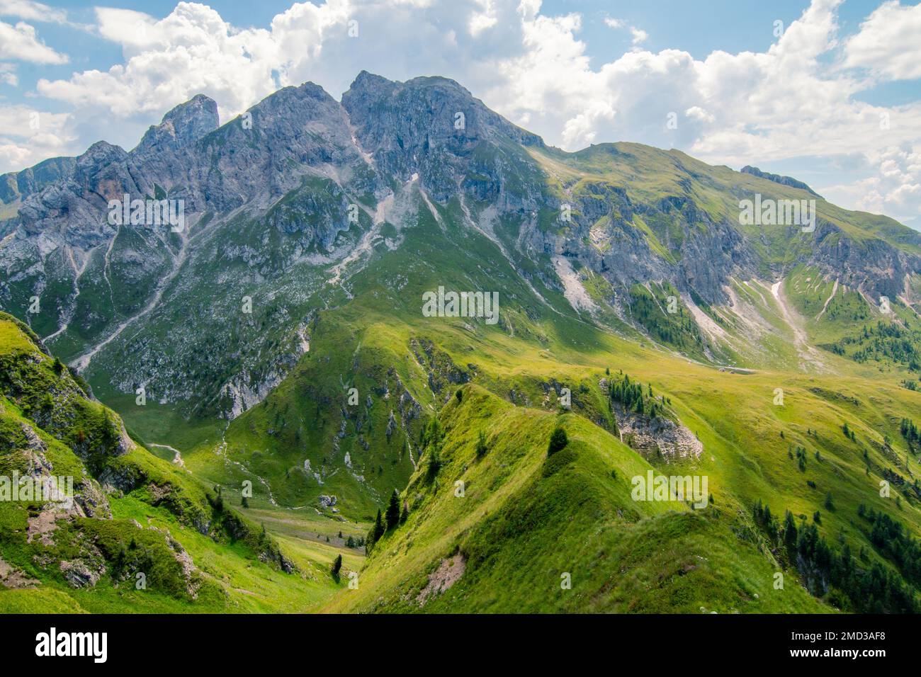 Landscape typical of the Alps with beautiful green meadows, mountains ...