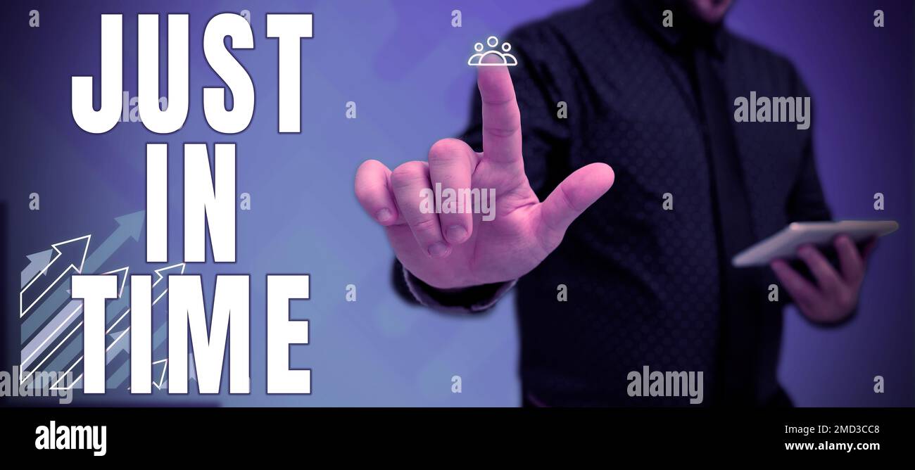 Text sign showing Just In Time. Word for Arriving exactly at hour ...