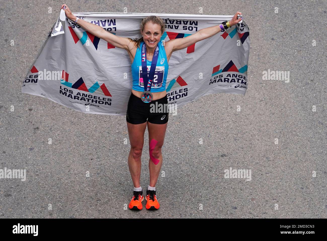 Los Marathon Elite runner Natasha Cockram, of Wales, poses after ...
