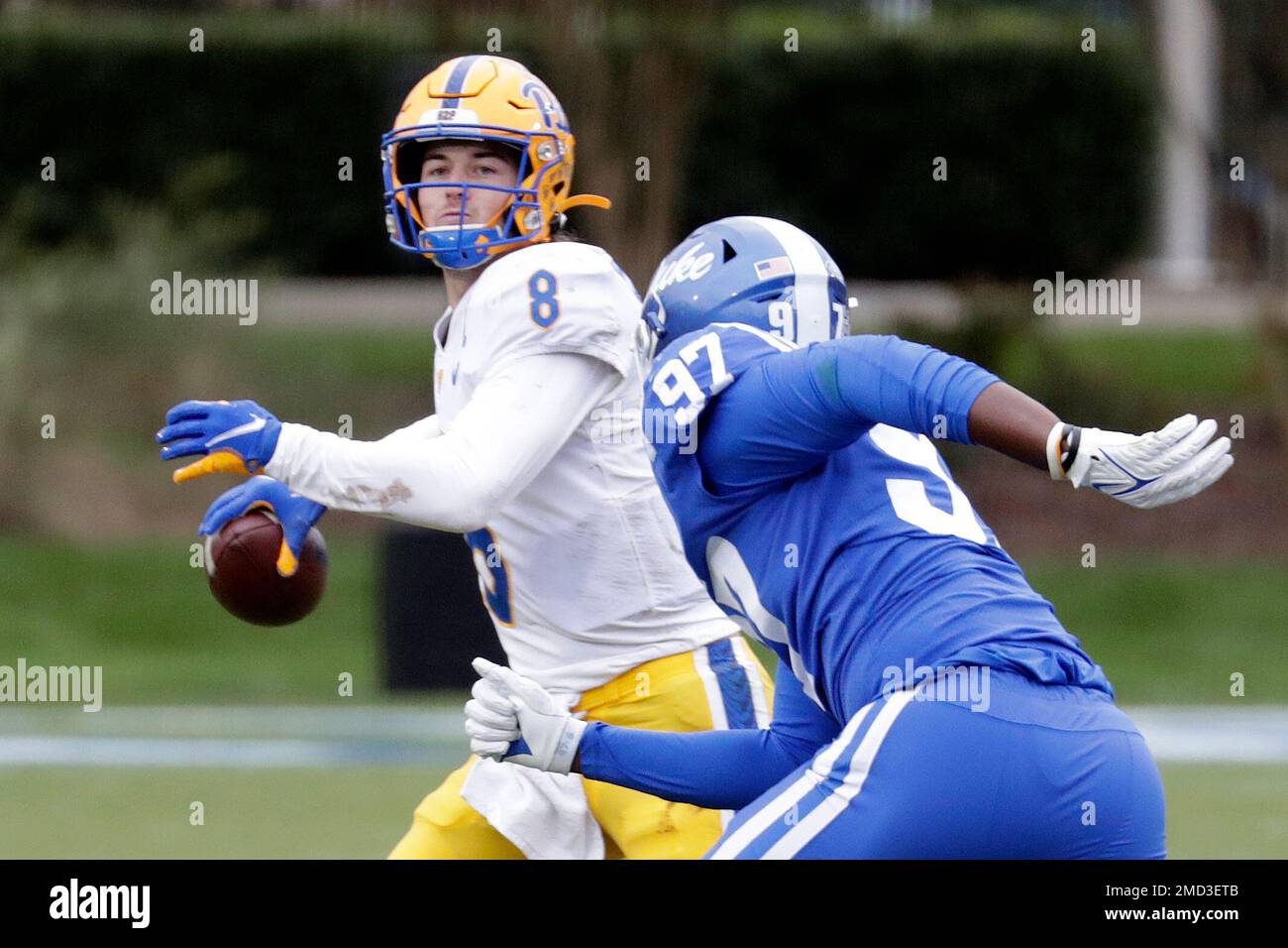Pittsburgh quarterback Kenny Pickett (8) looks to pass against Duke ...