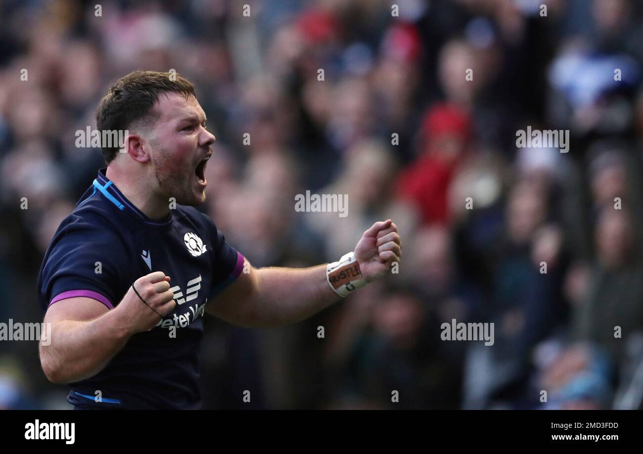 Scotland's Ewan Ashman celebrates after scoring a try during the rugby ...