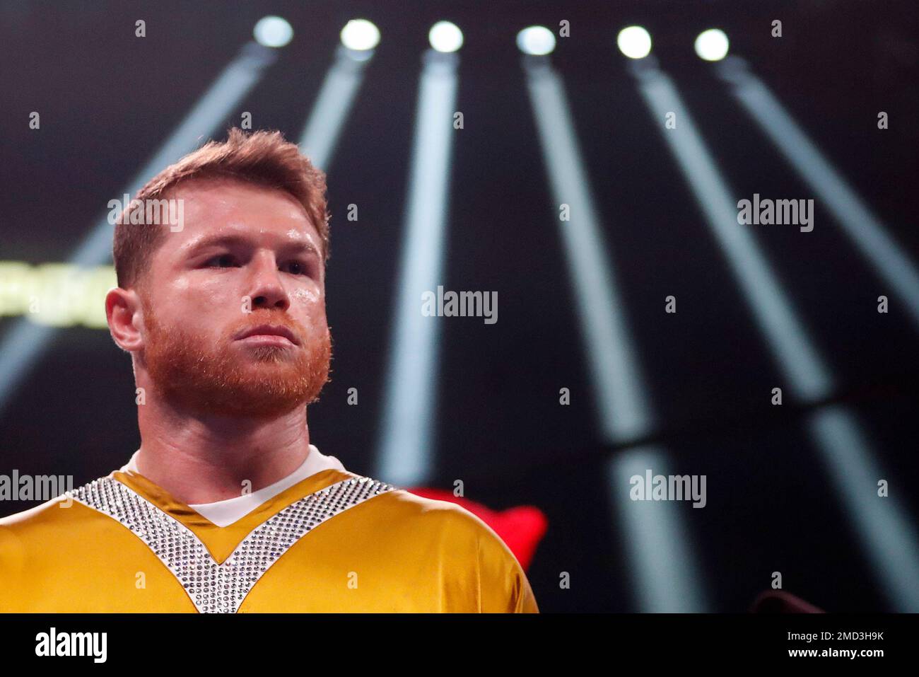 Canelo Alvarez, of Mexico, stands in the ring before a super ...