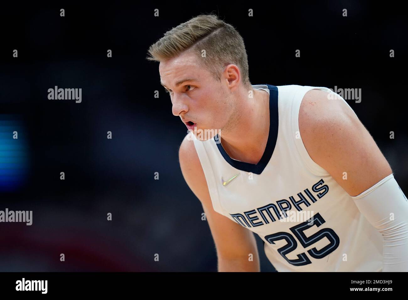 Memphis Grizzlies guard Sam Merrill stands on the court in the second ...