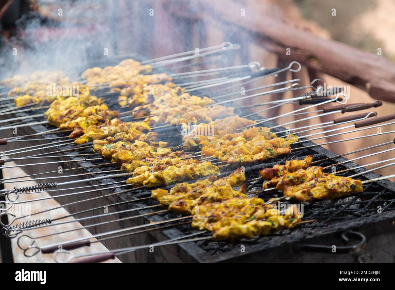 Chicken kebab skewers on a bbq in Morocco Stock Photo - Alamy