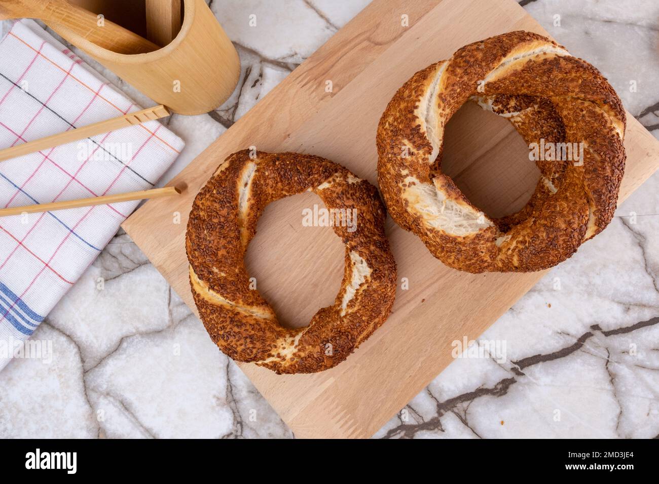 Top View Kitchen Bagel Concept. (Turkish name is simit). Breakfast Idea ...