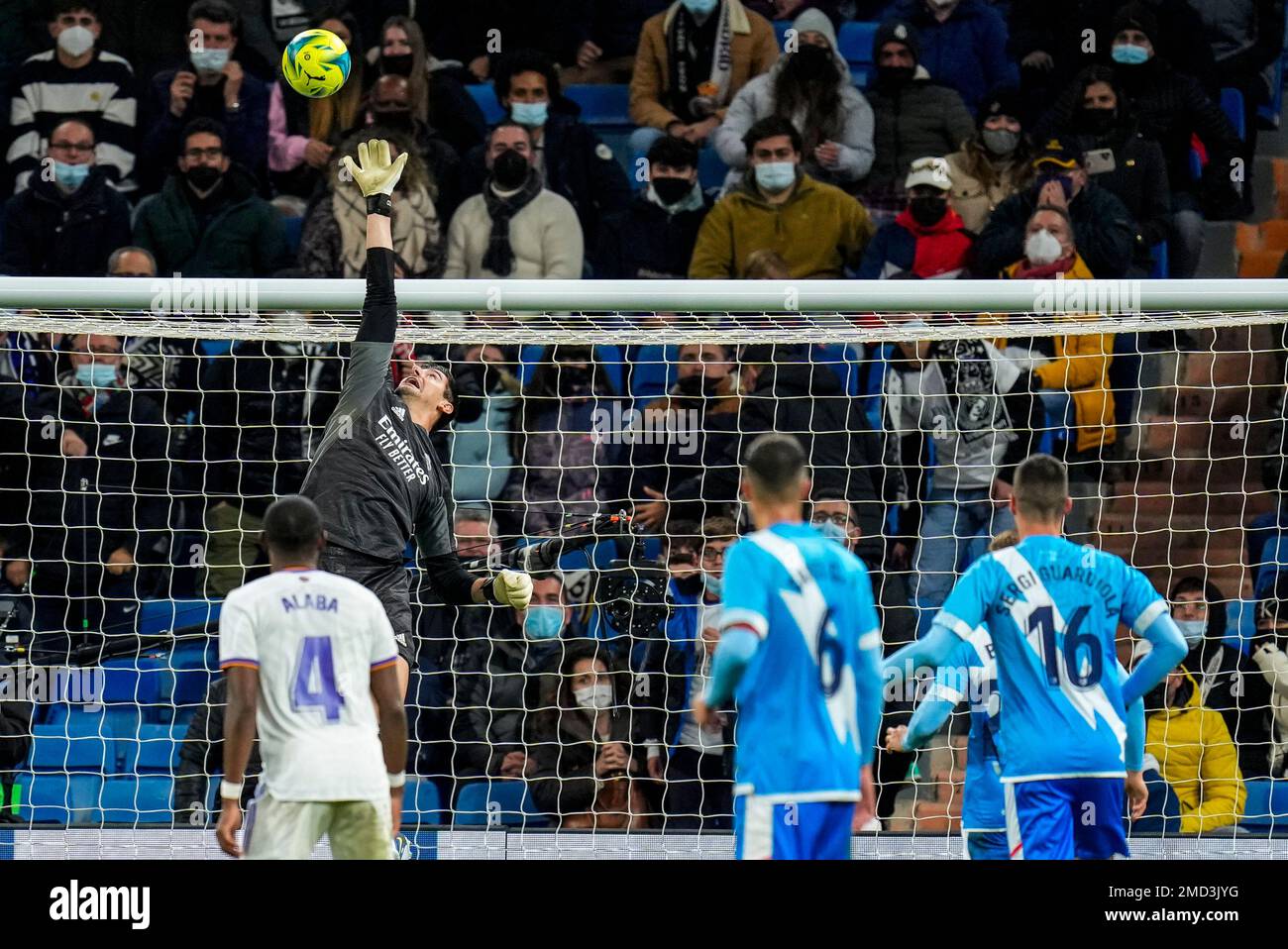 Real Madrid's goalkeeper Thibaut Courtois saves a ball during a Spanish ...