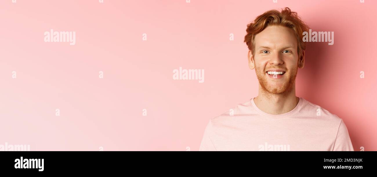 Headshot of happy redhead man with beard and white teeth, smiling ...