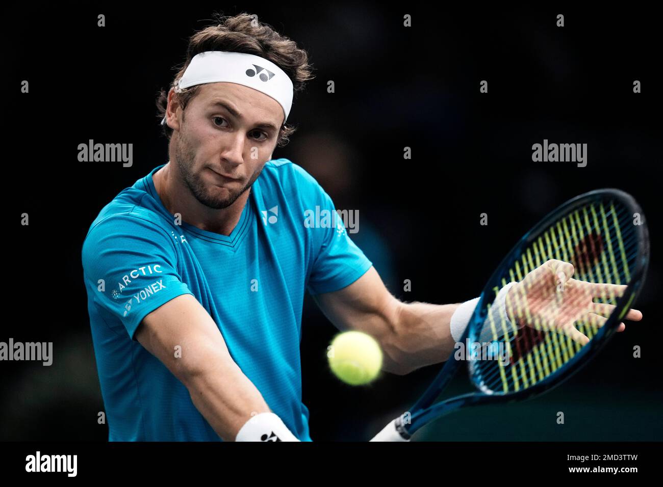Casper Ruud of Norway plays a return to Alexander Zverev of Germany ...