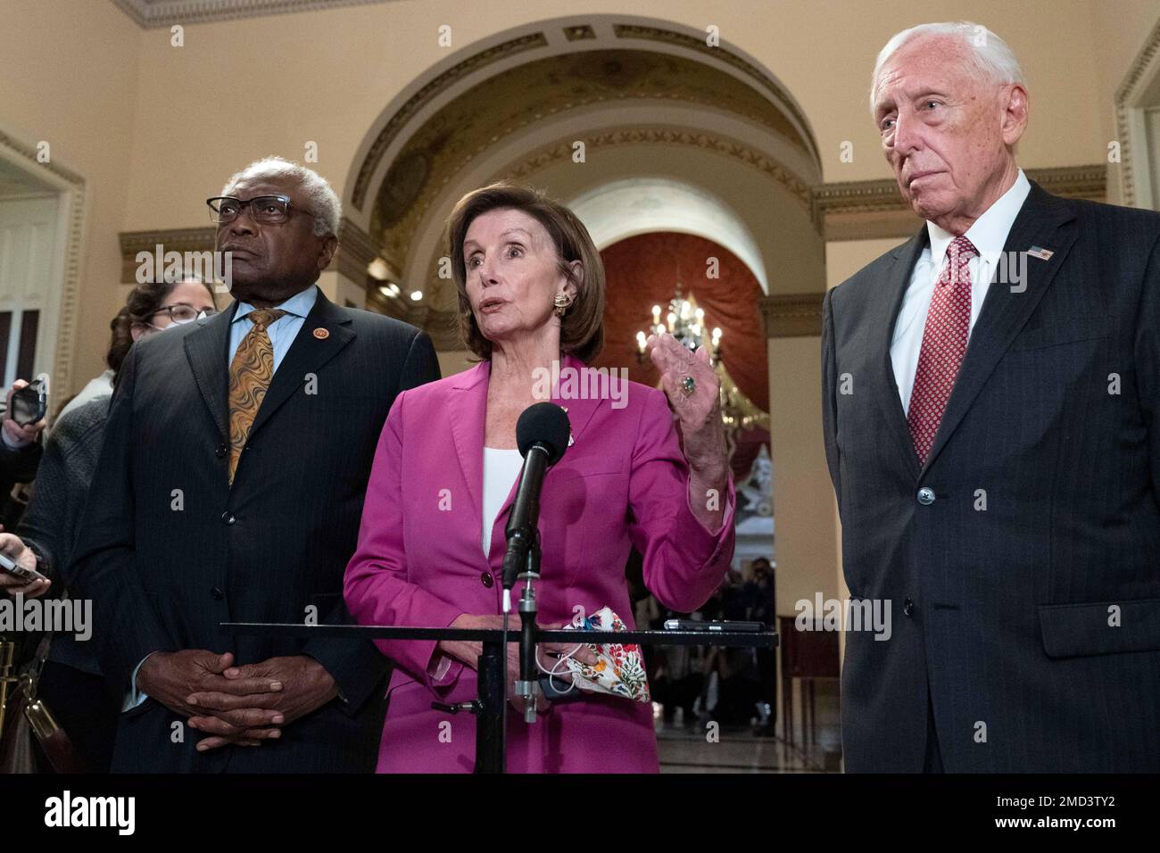 Speaker of the House Nancy Pelosi, D-Calif., accompanied by House Majority Whip James Clyburn, D ...