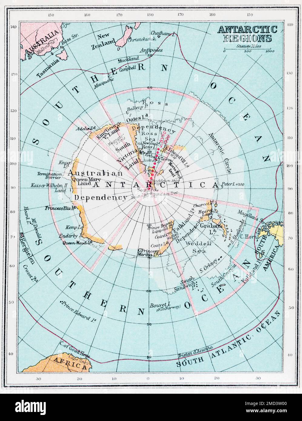 Old atlas map South Pole / Antarctic Ocean, c.1935. Polar exploring has ...
