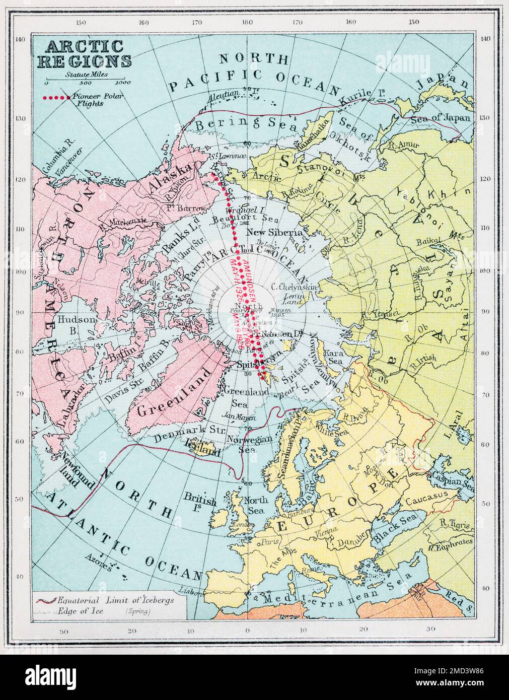 Old atlas map of North Pole / Arctic Ocean, c.1935. There is increased militarization and ...