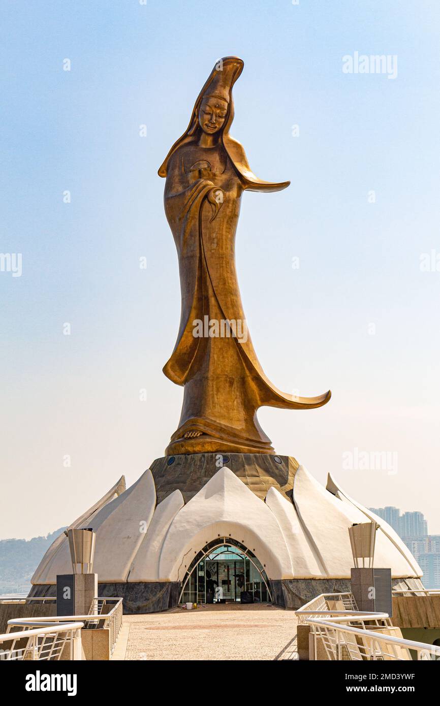 The 20 metre bronze statue of Kun Lam, Goddess of Mercy, standing on a ...