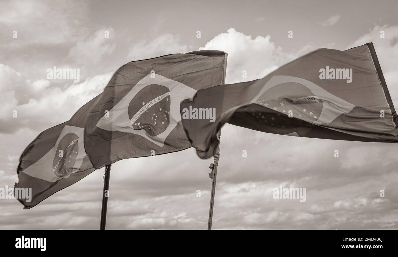 Brazilian flag waving in the wind with blue sky in the background in ...
