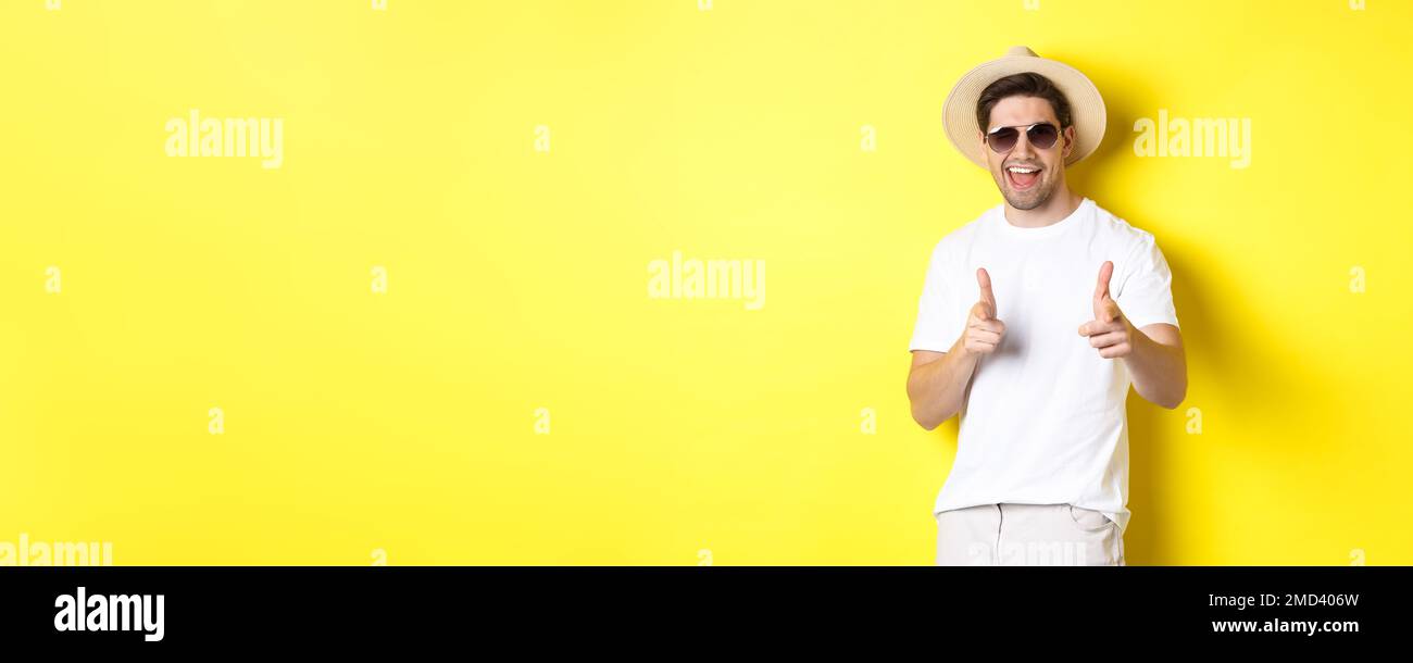 Confident and cheeky guy on vacation flirting with you, pointing finger ...