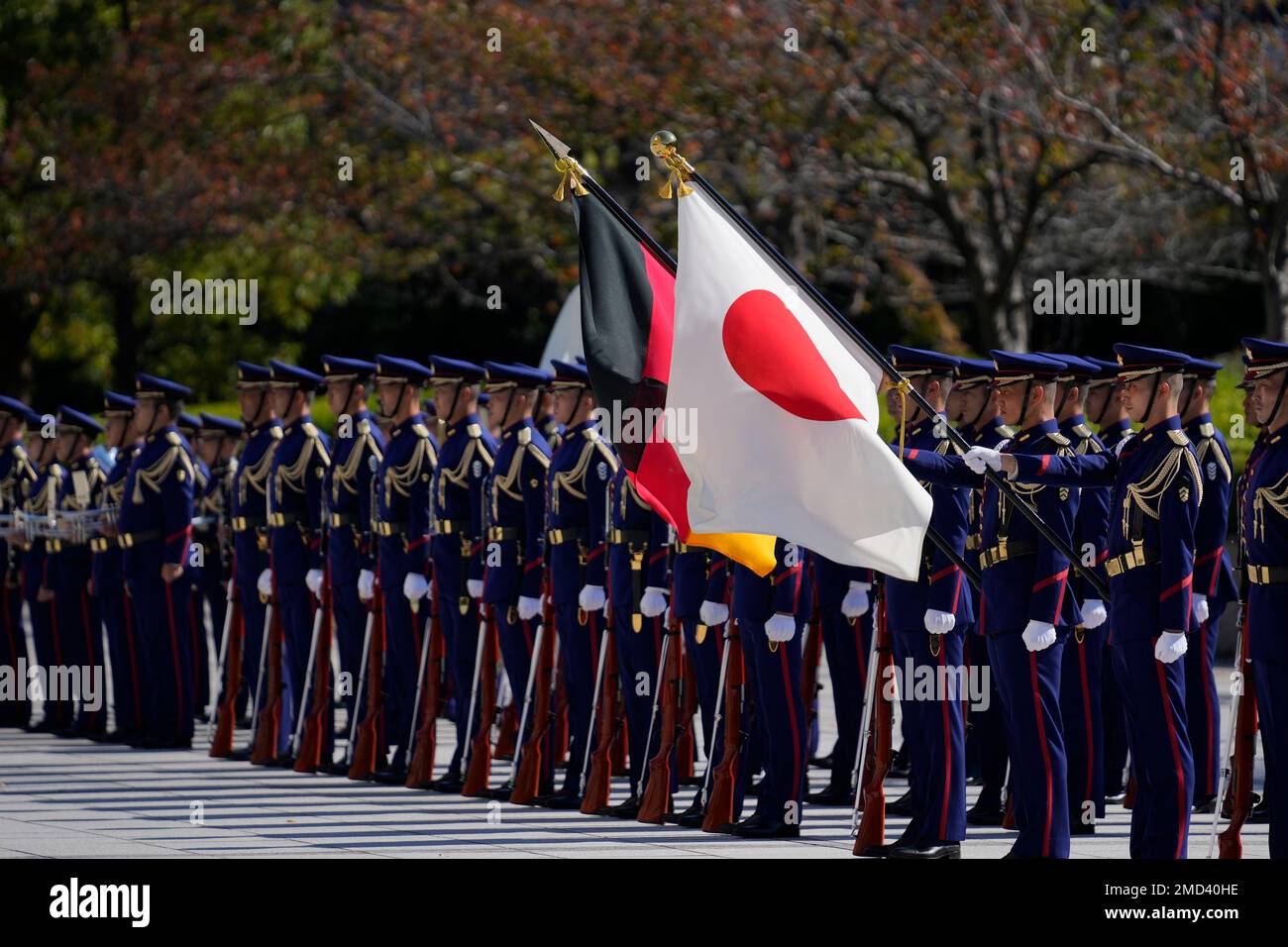 Japan's honor guard makes a formation at the Ministry of Defense to ...